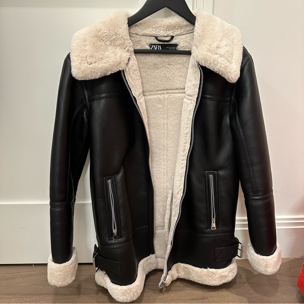 Zara Black Fur Leather Jacket Small - Gem